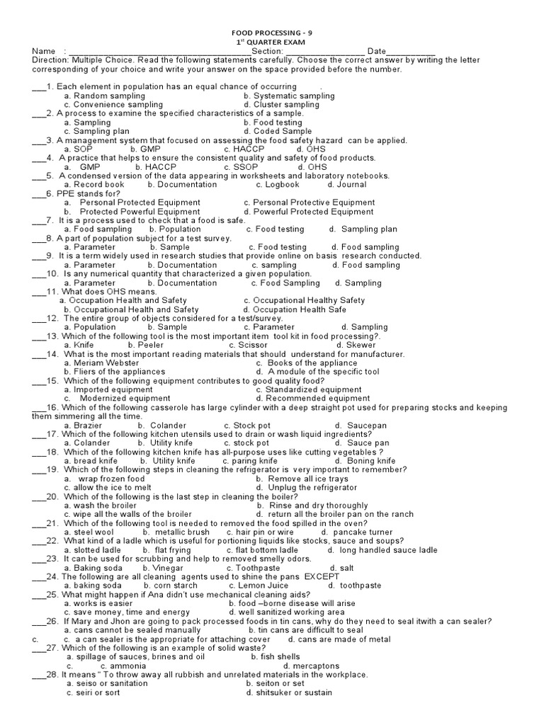 Food Processing 1st Quarter Exam Guide | PDF | Sampling (Statistics ...