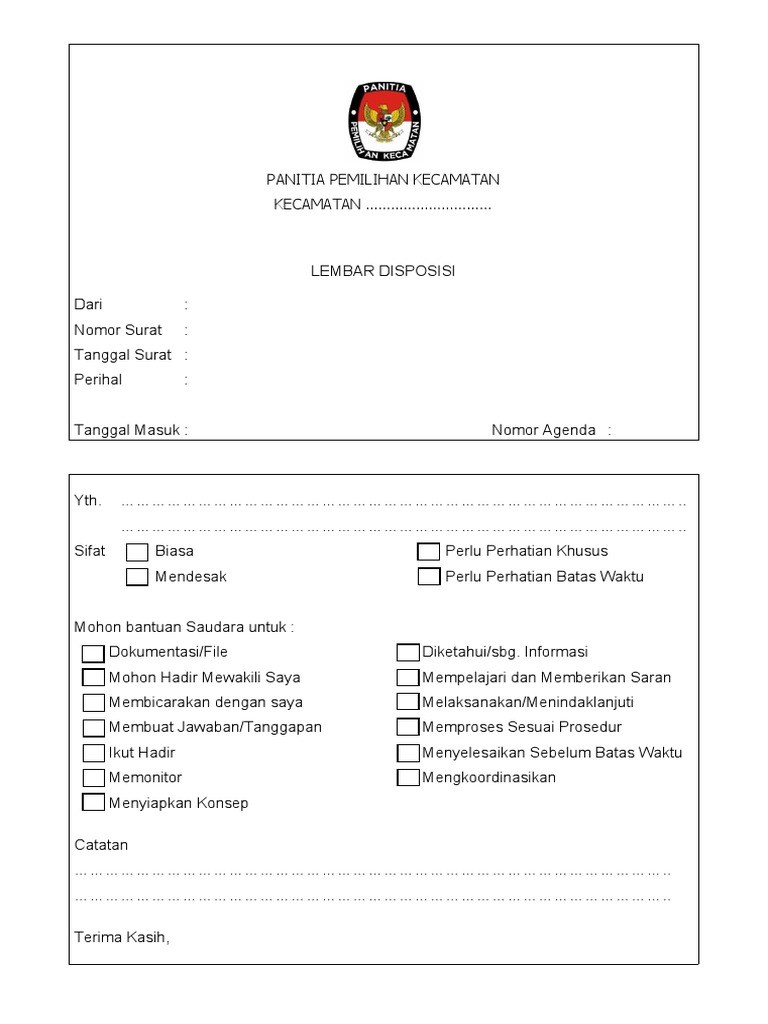 TEMPLATE - LEMBAR DISPOSISI KETUA PPK, PPS (Kertas A4) | PDF