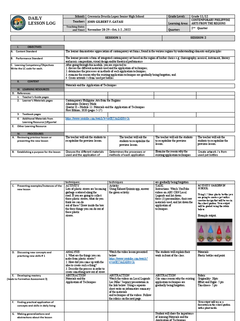 Cpar Q2 DLL Week 4 | PDF | Learning | Teachers