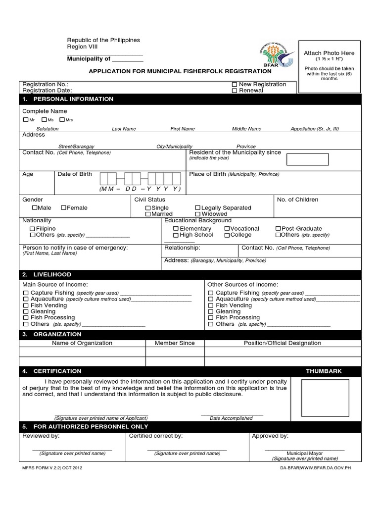 Municipality of - Application For Municipal Fisherfolk Registration | PDF