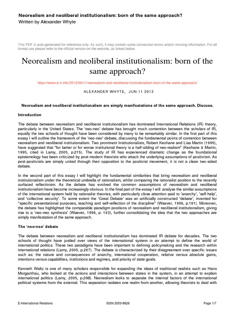 Neorealism and Neoliberal Institutionalism Born of The Same Approach ...
