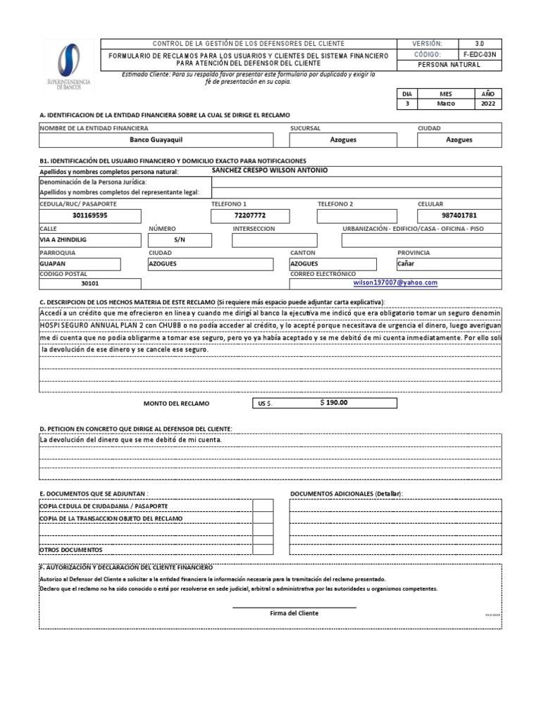 Formulario Reclamos Defensor Del Cliente 2019 | PDF | Bancos ...