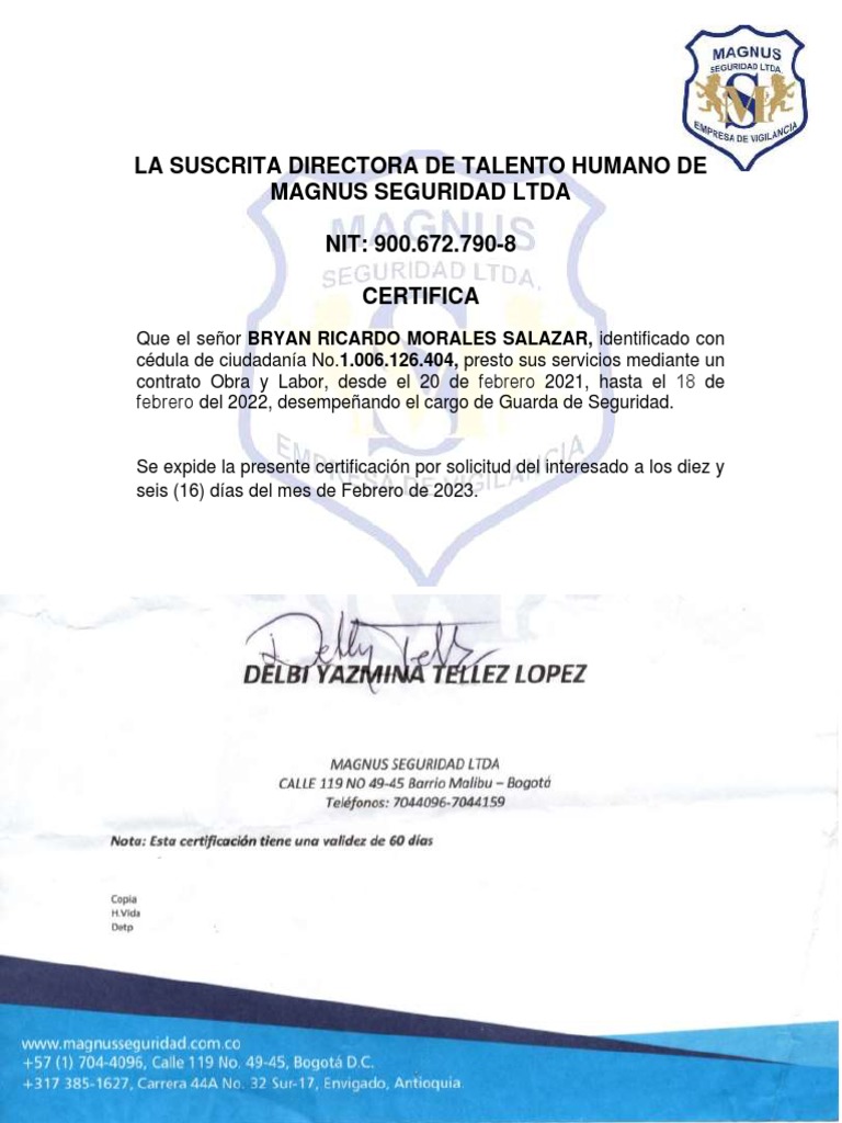 Certificado de experiencia laboral como Guarda de Seguridad en Magnus ...