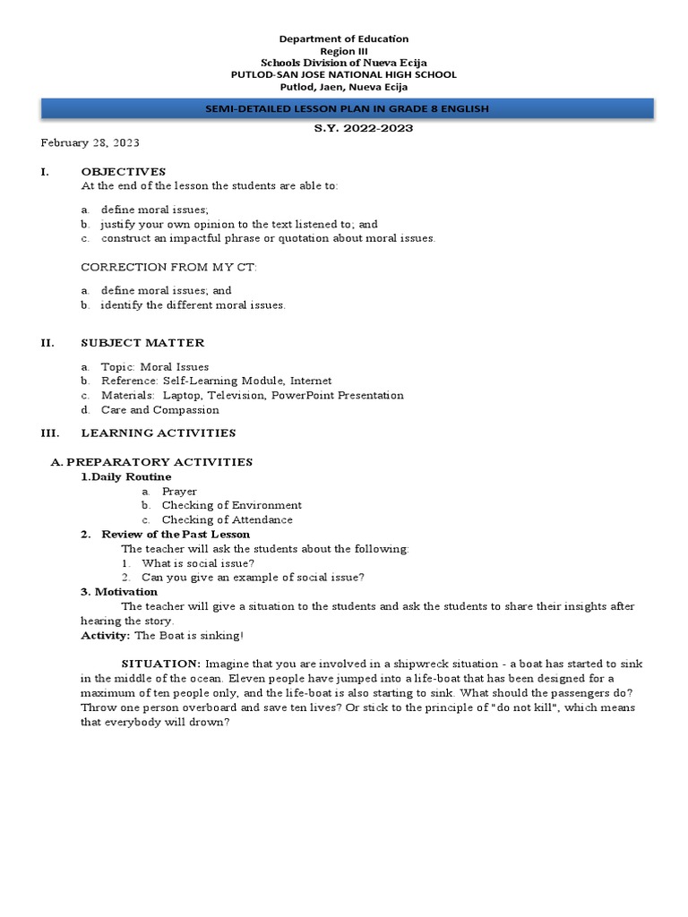 Grade 9 English Lesson on Moral Issues | PDF | Learning | Morality