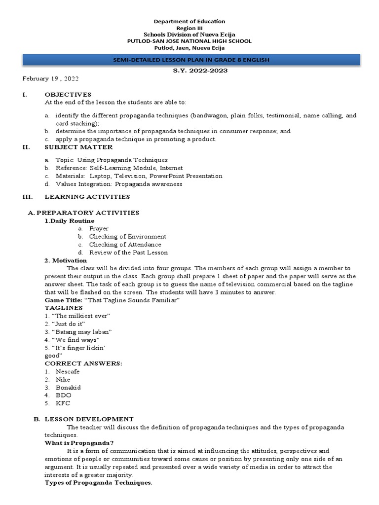 Day 1 (Week 2 LP) - Using Propaganda Techniques | PDF | Propaganda ...