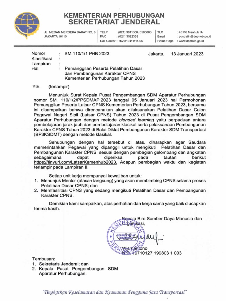 Surat Pemanggilan Latsar dan Pembangkar CPNS Tahun 2023 | PDF