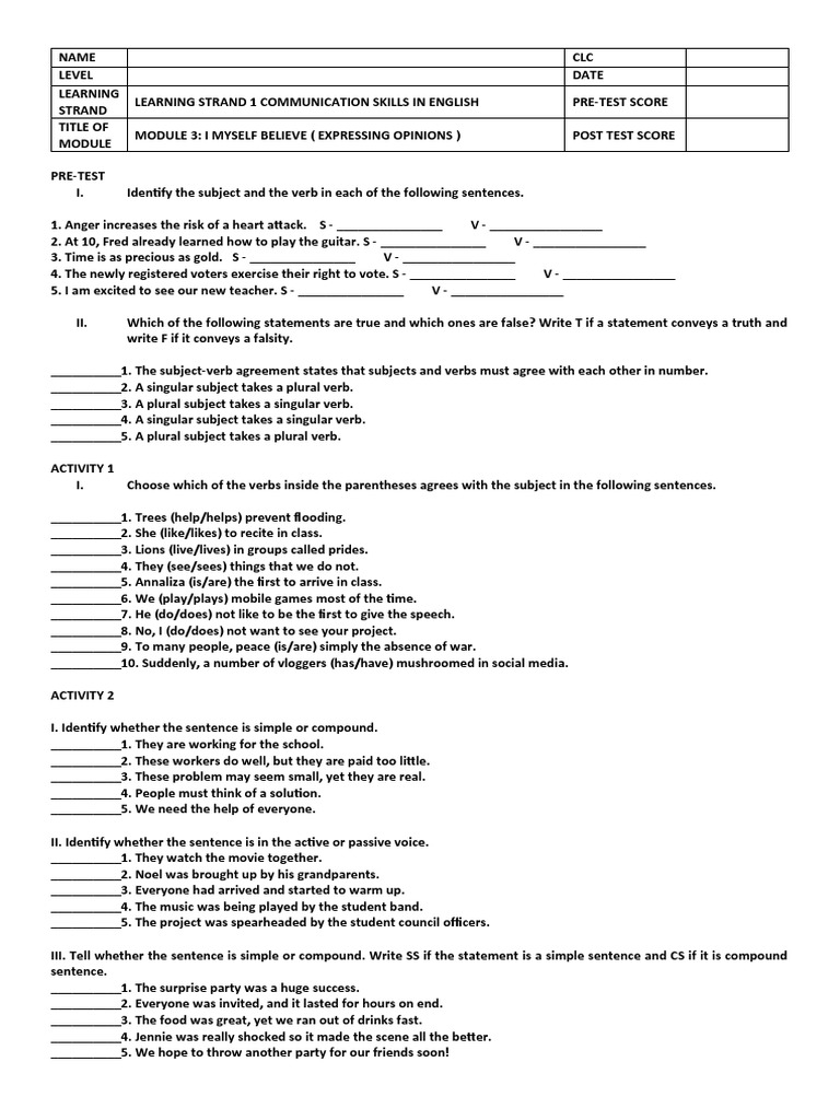 2022 - LS1 English Module 3 | PDF | Subject (Grammar) | Verb