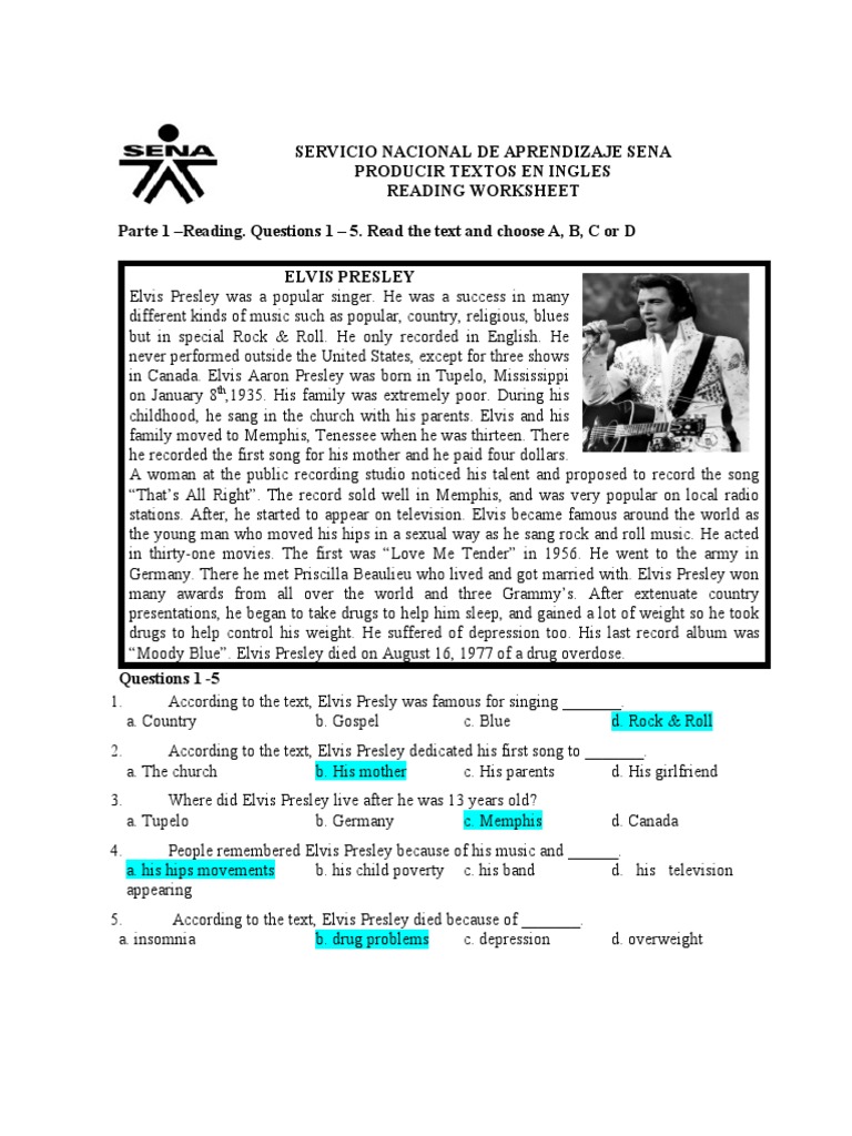Reading Worksheet Elvis Presley | PDF | Elvis Presley