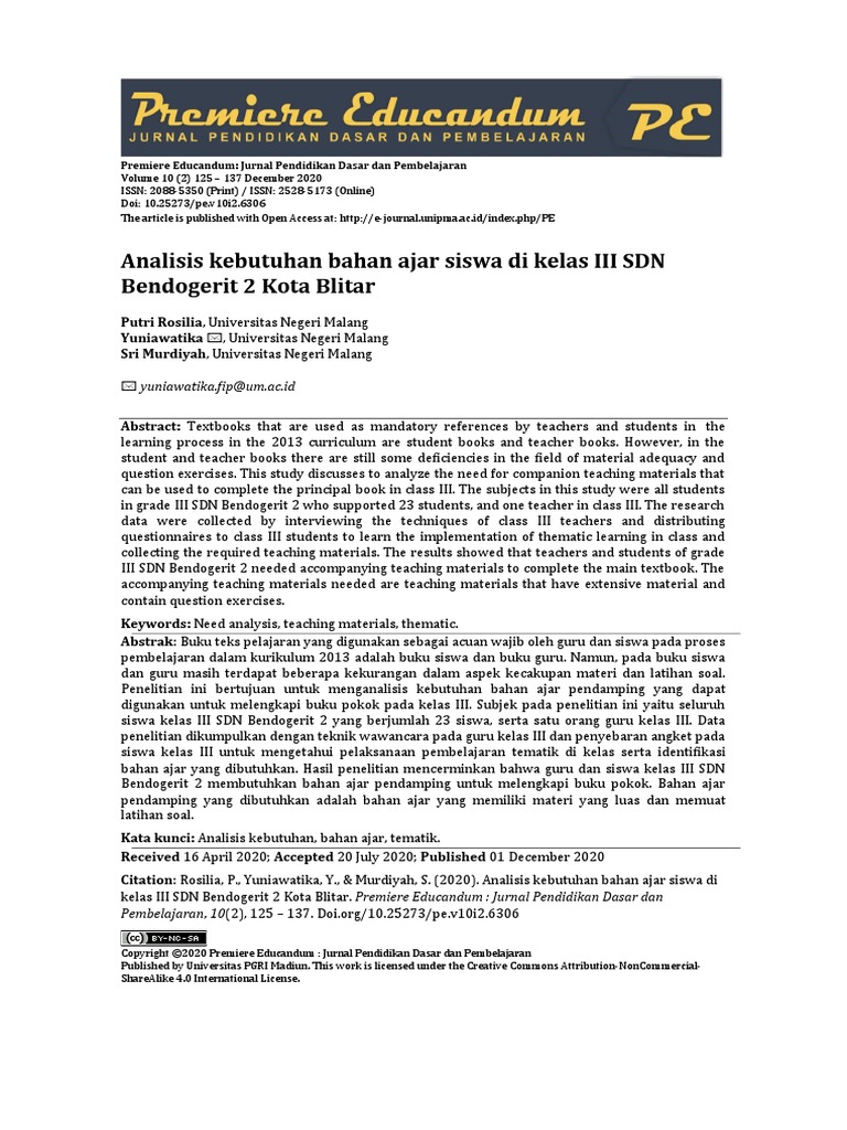 Analisis Kebutuhan Bahan Ajar Siswa Di Kelas III S | PDF
