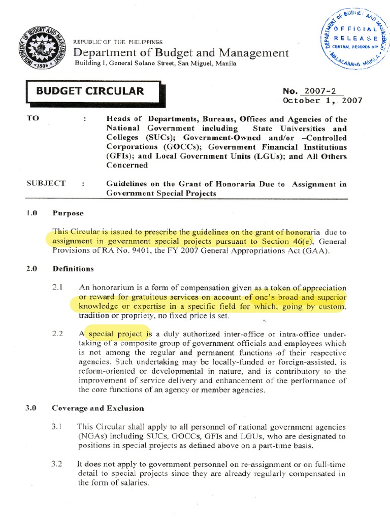 BUDGET CIRCULAR NO 2007 2 - Honoraria | PDF
