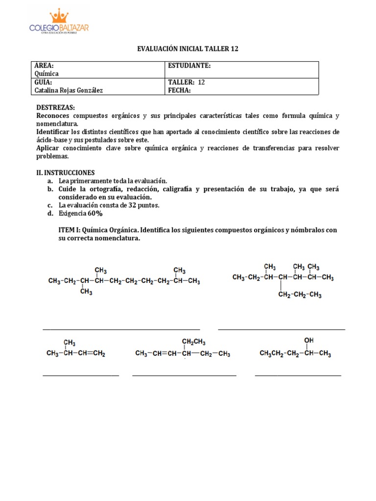 Evaluación inicial química T12 | PDF | Ácido | Compuestos químicos