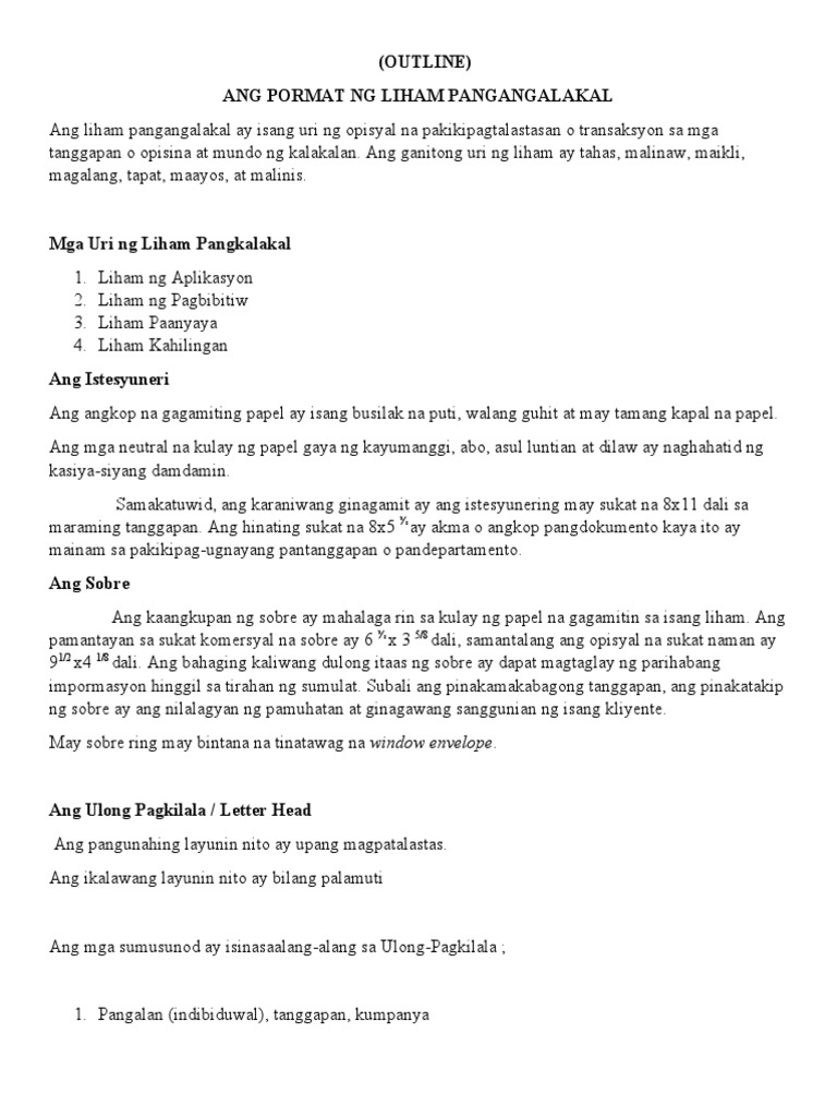 OUTLINE pormat ng liham pangangalakal | PDF