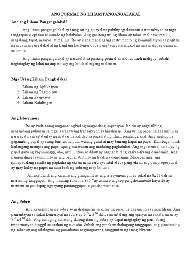 Ang Pormat NG Liham Pangangalakal | PDF