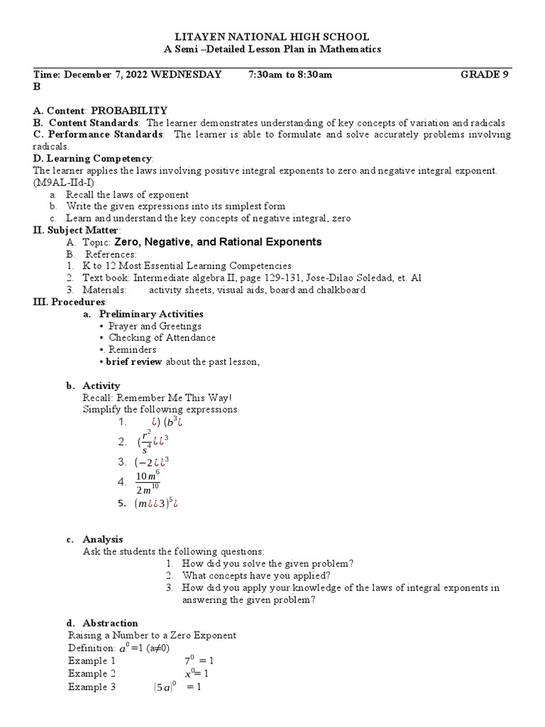 Lesson - Plan - in - Grade - 9 Math | PDF | Exponentiation | Learning
