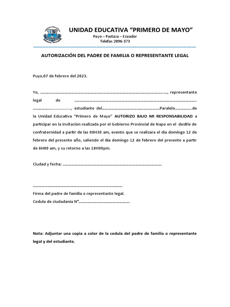 Autorización-Padre de Familia | PDF Autorización-Padre de Familia | PDF