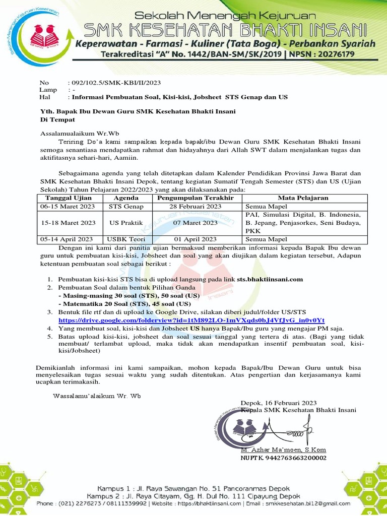 Edaran Guru Pembuatan Soal STS Genap | PDF