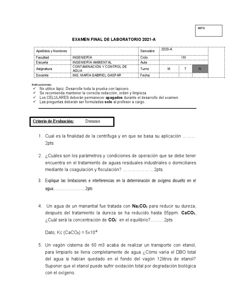 EXAM Final de Laboratorio OPE | PDF | Aguas residuales | Agua
