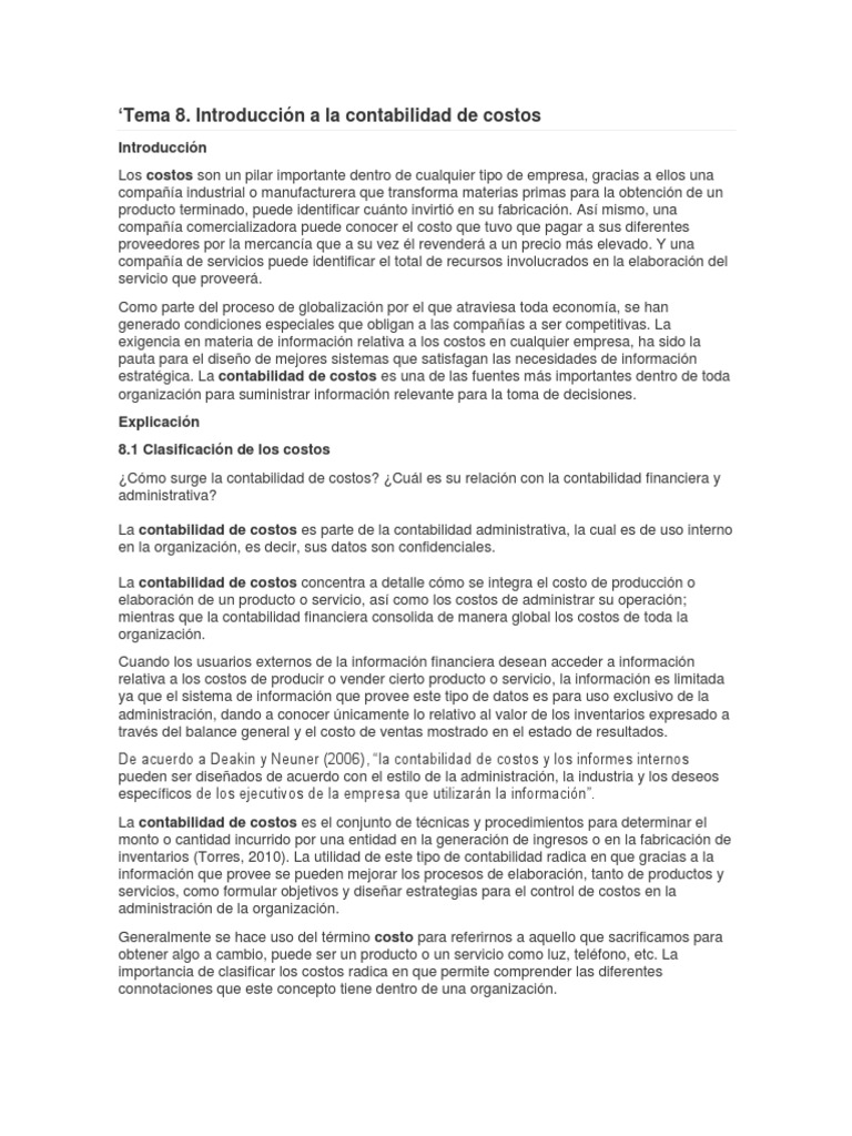 Tema 8 Introduccion A La Cont. de Costos | PDF | Costo | Contabilidad de costos