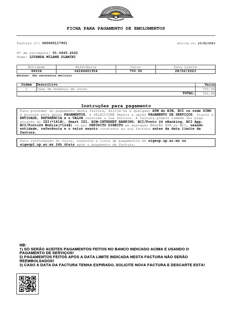 Ficha para Pagamento de Emolumentos: Extenso: São Setecentos Meticais | PDF