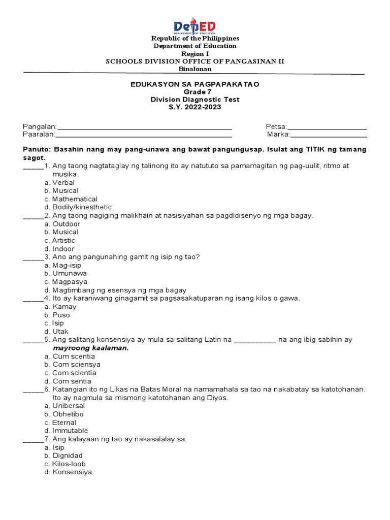 ESP 7-DIAGNOSTIC-Test Division Level | PDF