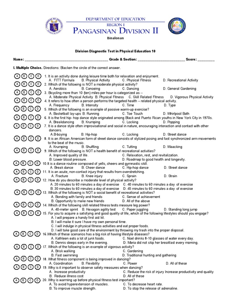 Division-Diagnostic Test-Pe 10 | PDF | Physical Fitness | Physical Exercise