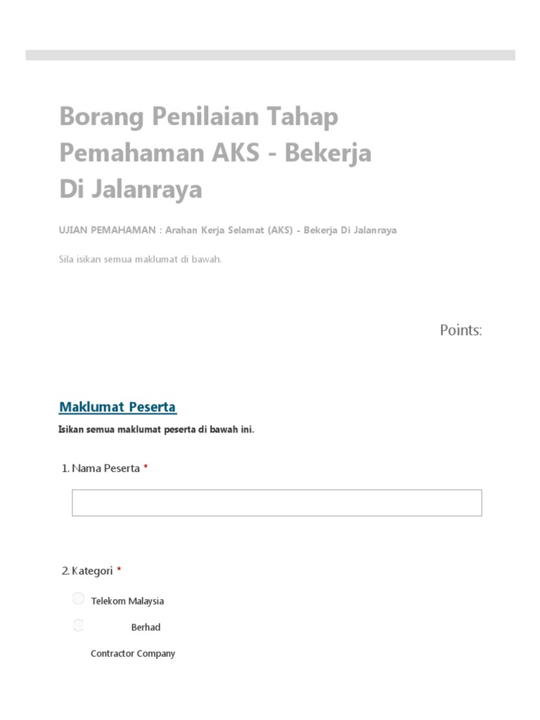 Borang Penilaian Tahap Pemahaman AKS - Bekerja Di Jalanraya | PDF