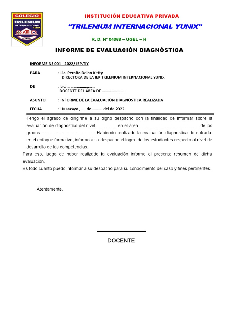 Modelo-INFORME EVALUACION DIAGNÓSTICA | PDF | Aprendizaje | Evaluación