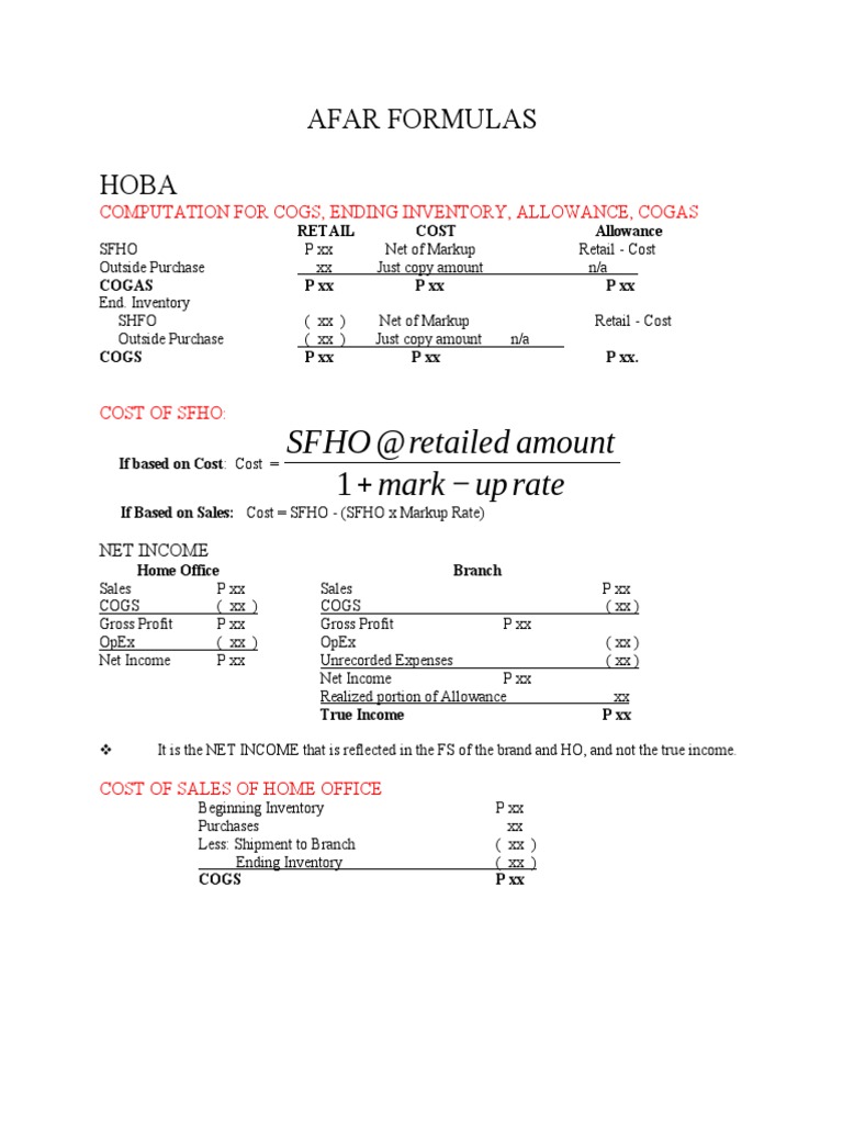 AFAR FORMULAS EXPLAINED | PDF | Goodwill (Accounting) | Cost Of Goods Sold