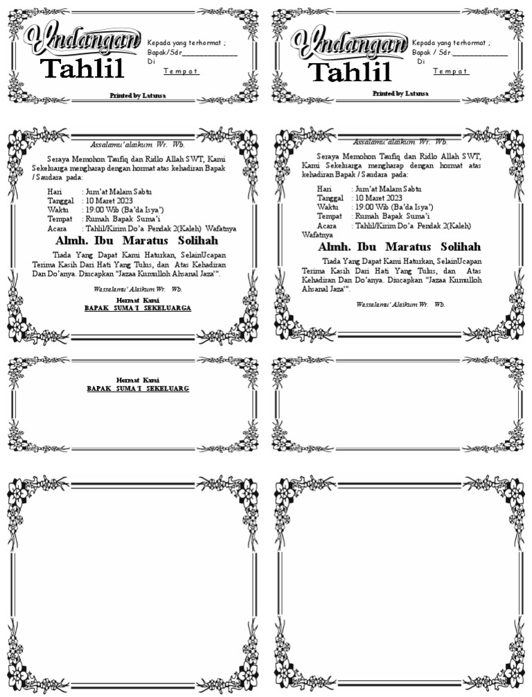 Undangan Tahlil Wafat Ibu Maratus Solihah | PDF