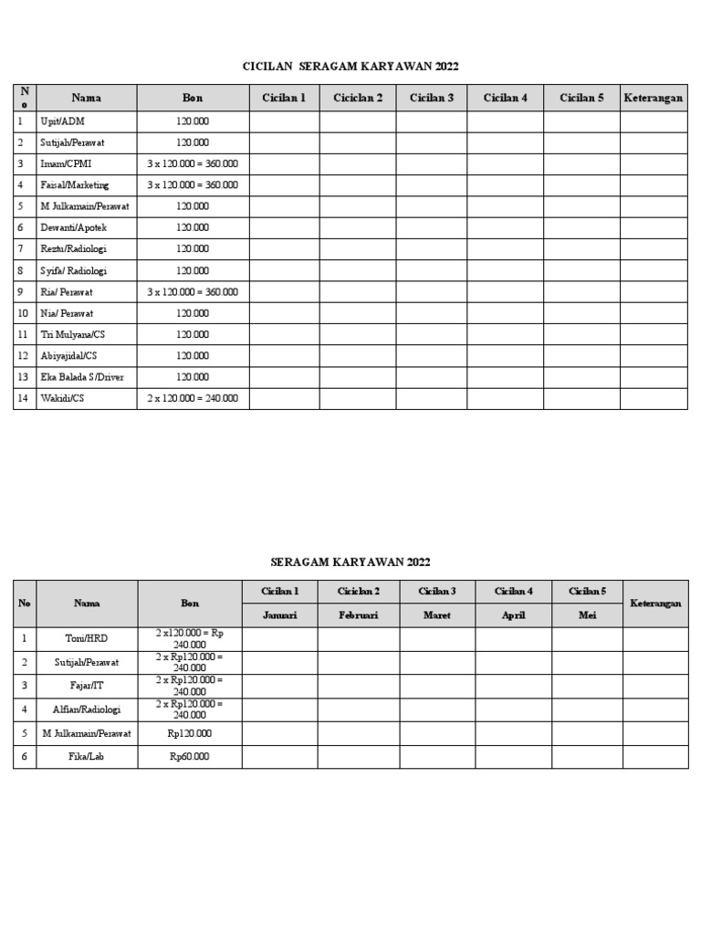 Format CICILAN SERAGAM KARYAWAN | PDF