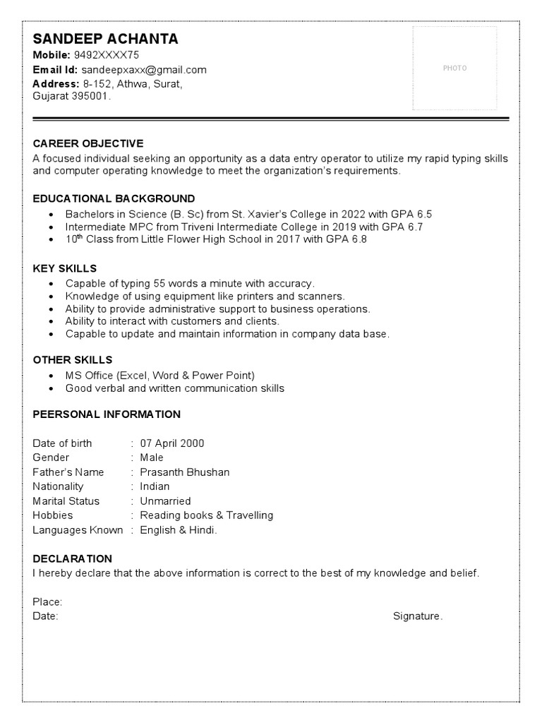 Data Entry Resume Freshers 2 | PDF