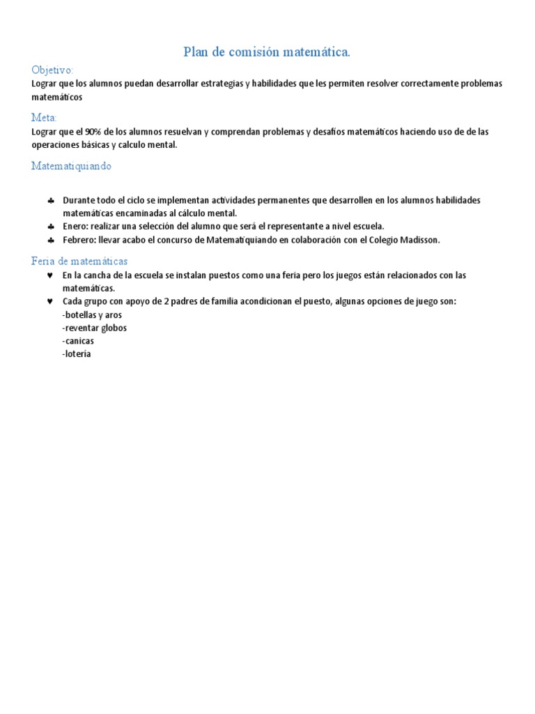 Plan de Comisión Matemáticas | PDF