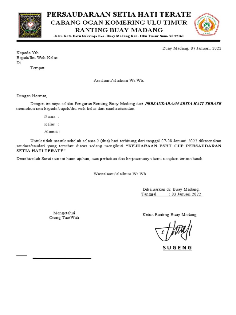 SURAT IJIN SEKOLAH PSHT | PDF