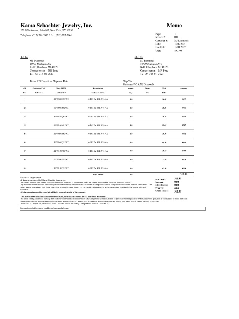 MJ Diamond - Memo Invoice | PDF | Business