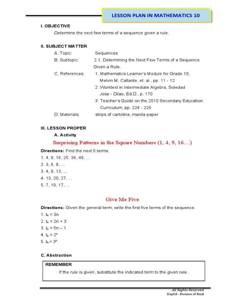 2.1 Determining The Next Few Terms of A Sequence Given A Rule# | PDF ... 2.1 Determining The Next Few Terms of A Sequence Given A Rule# | PDF ...