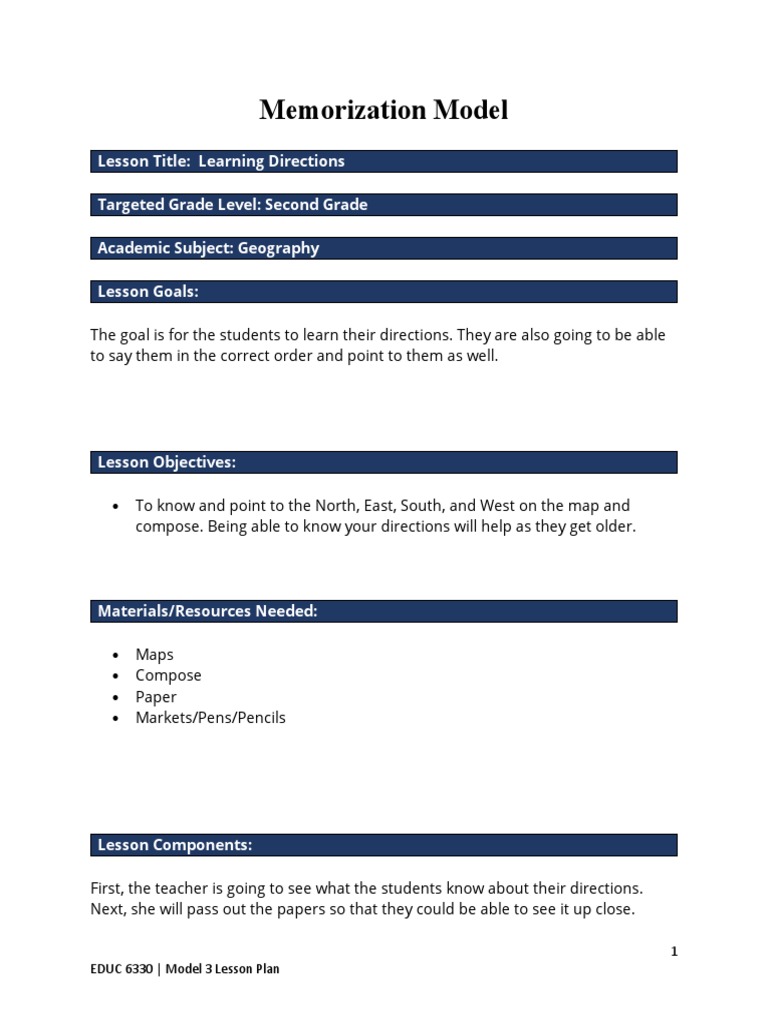 Memorization Model Lesson Plan | PDF