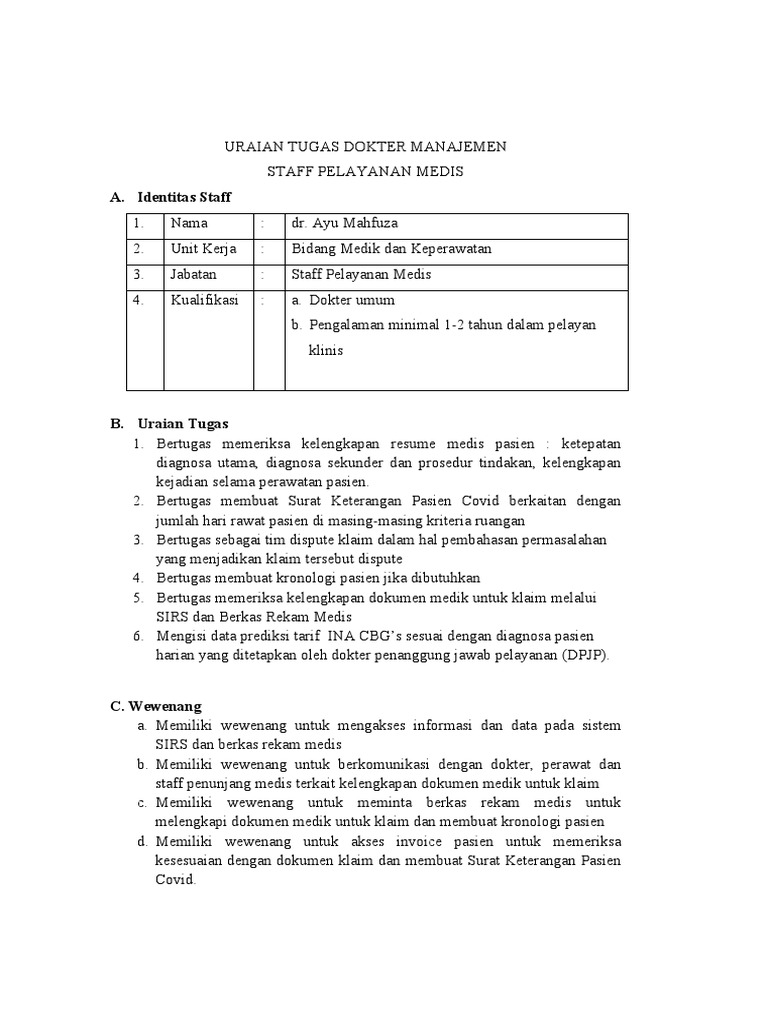 Uraian Tugas Dokter Manajemen Staff Pelayanan Medis2 | PDF | Kesehatan Holistik | Sains & Matematika
