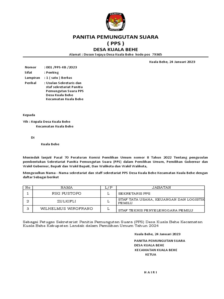 Cotoh Surat Usulan Sekretariat PPS 2024 | PDF