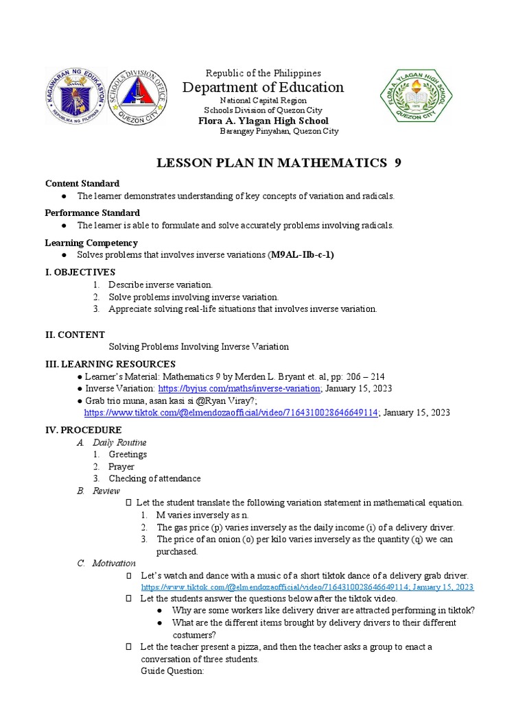 DEMO LESSON PLAN JAN. 18 2023 - Version 2 | PDF | Learning | Teachers