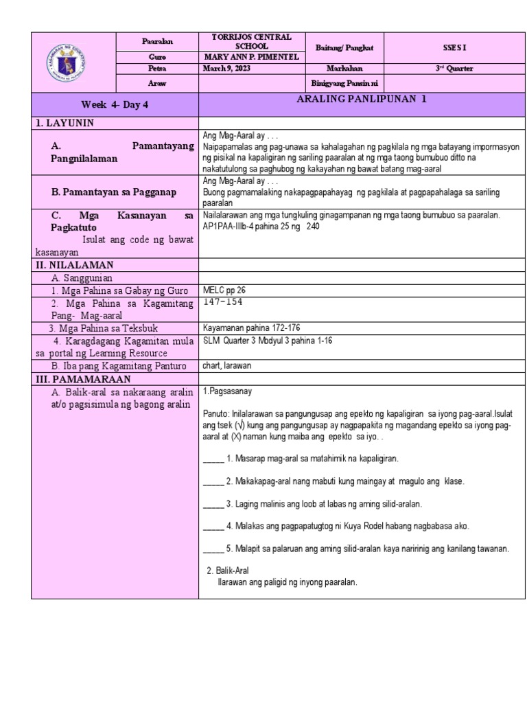 DLL Araling Panlipunan Q3 W4 D3 | PDF