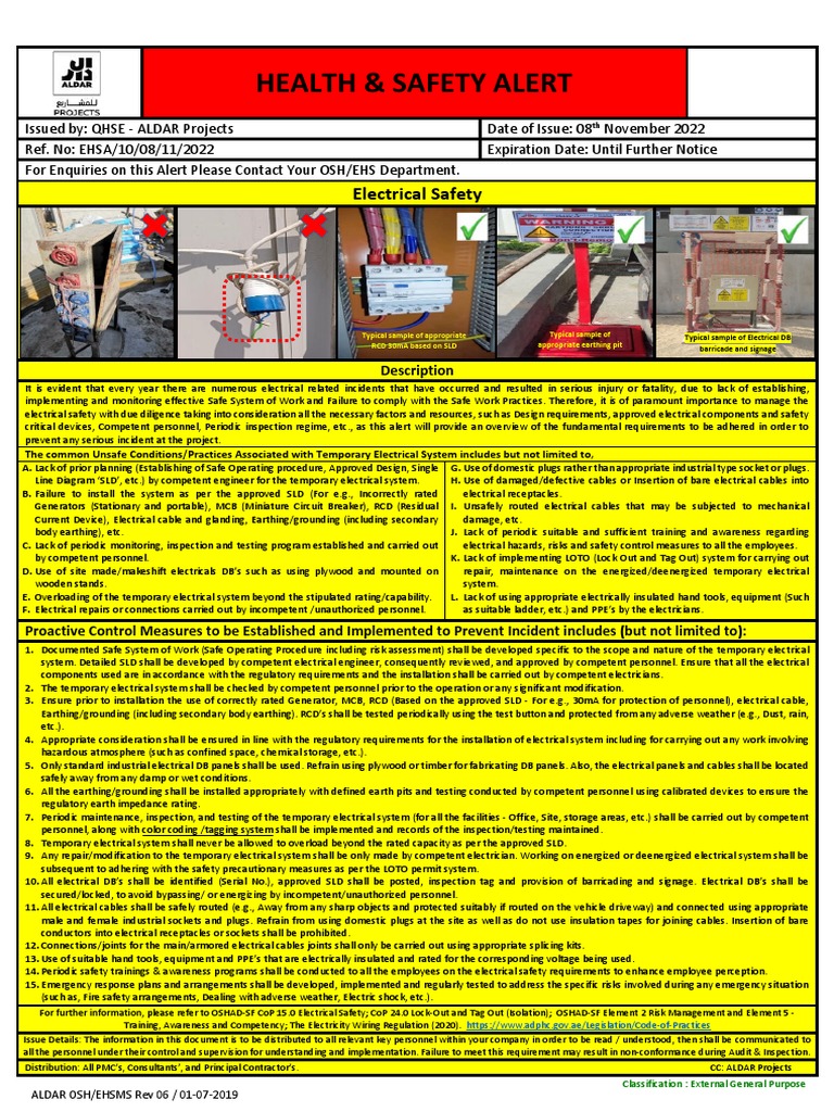 ALDAR Projects Health and Safety Alert Electrical Safety | PDF | Ac Power Plugs And Sockets ...