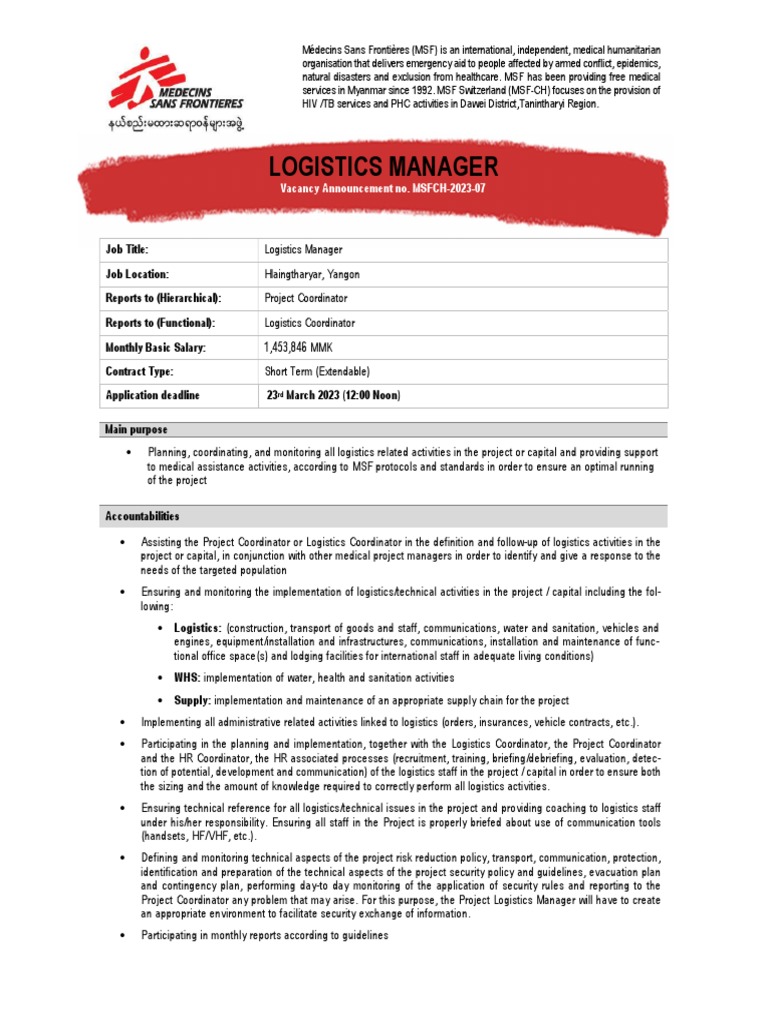 Logistics Manager: Vacancy Announcement No. MSFCH-2023-07 | PDF ...