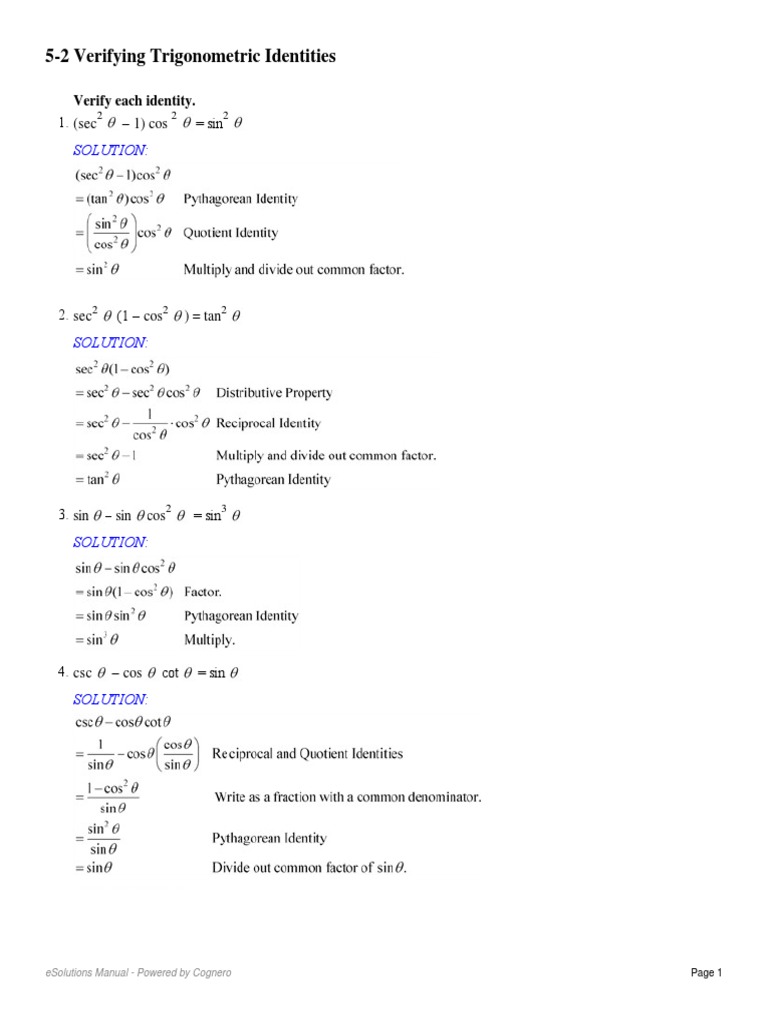 5-2 Verifying Trigonometric Identities PDF | PDF | Trigonometric ...