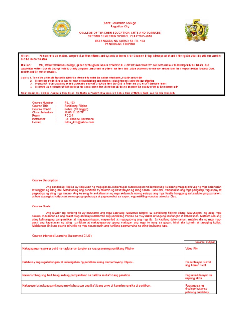 FIL 103 SYLLABUS Panitikang Filipino | PDF | Philippines