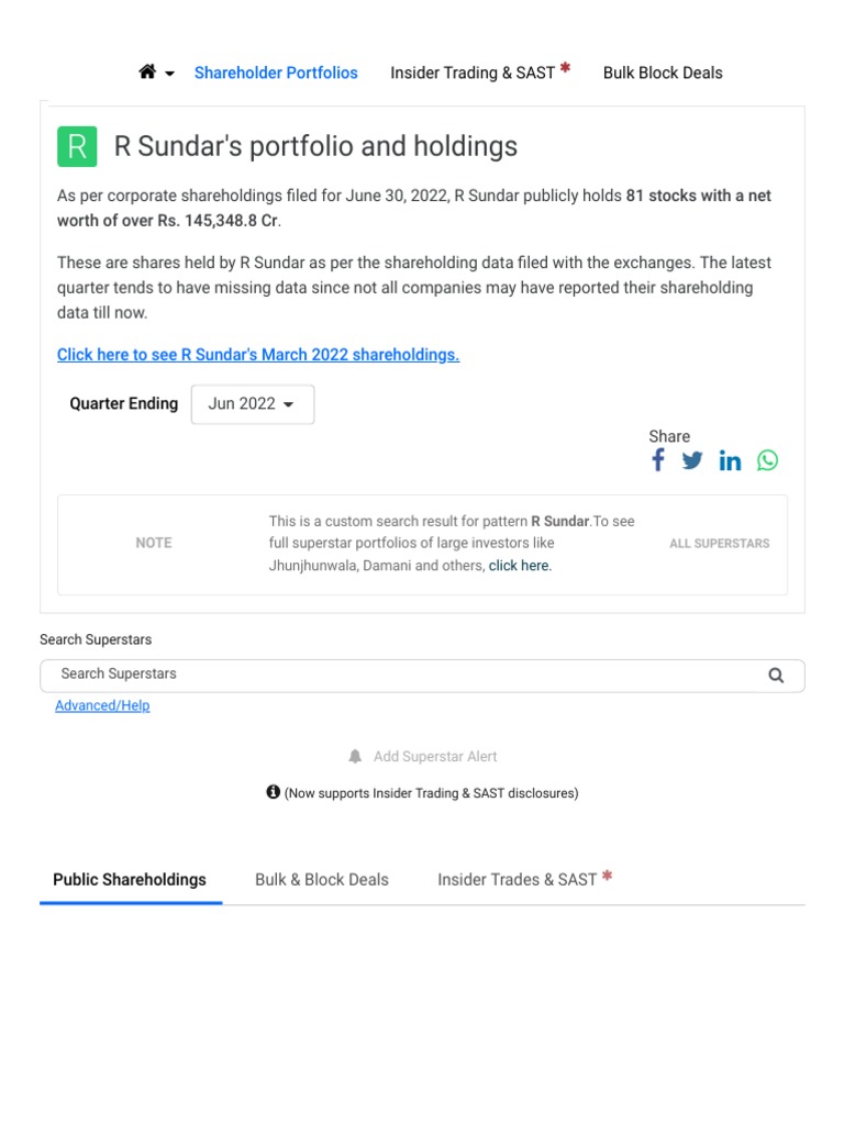 R Sundar's Shareholdings and Portfolio As On June 30, 2022 | PDF ...