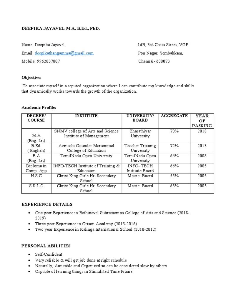 Sample Resume | PDF | Cognition | Learning