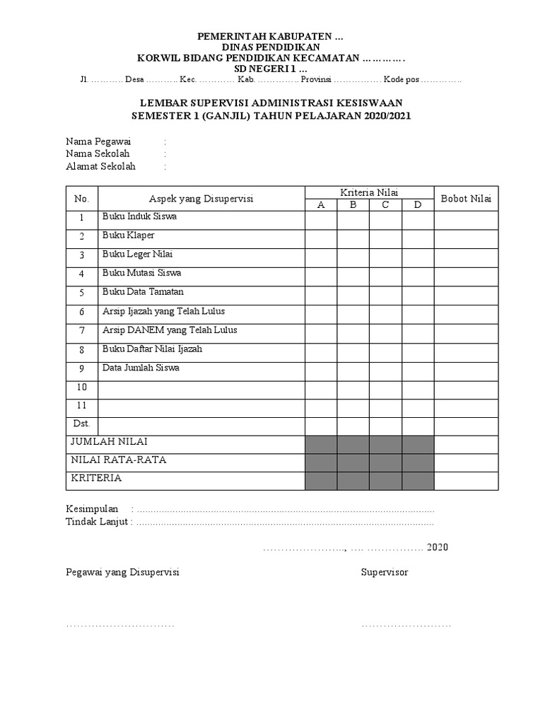 Contoh Format Lembar Penilaian Supervisi Administrasi Kesiswaan | PDF