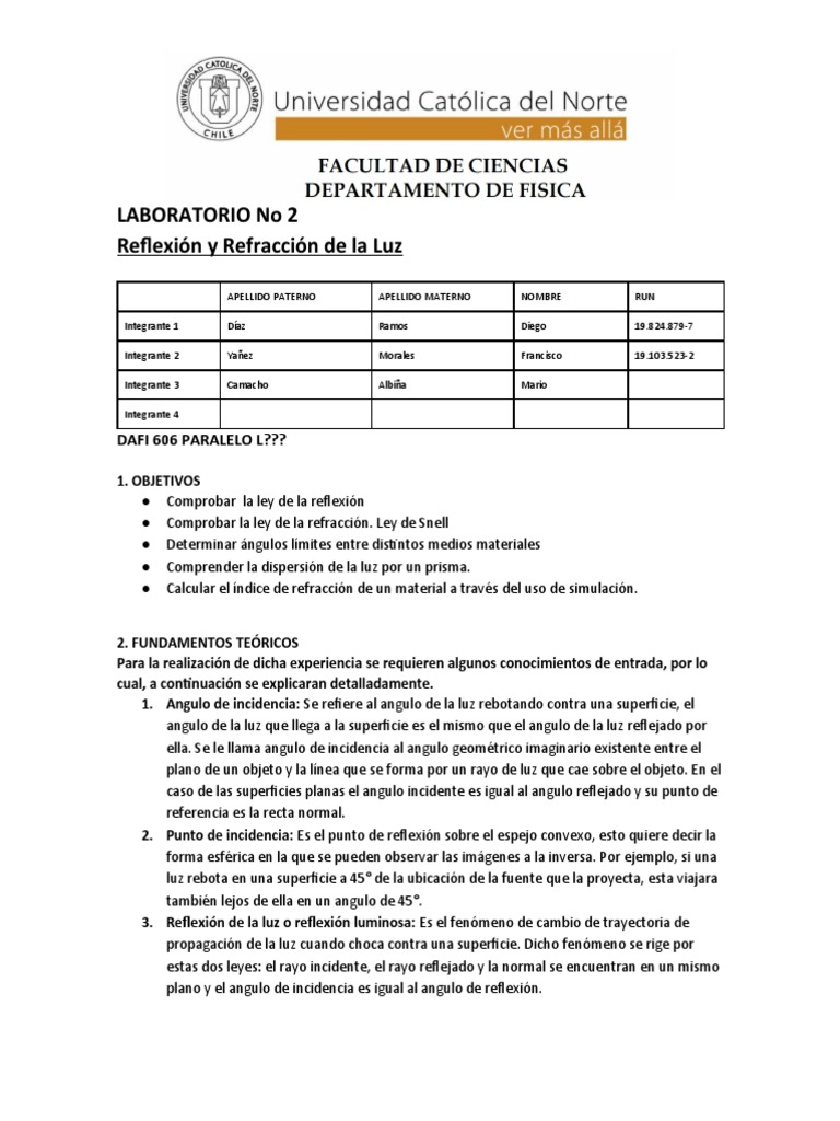 02 LAB - No 2. TRABAJO 2 Ley de Snell (100 Puntos) | PDF | Refracción | Ligero