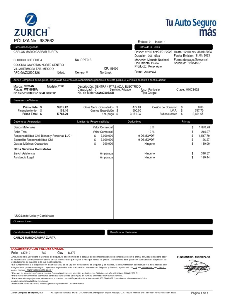 Poliza Zurich CARLOS MARIO | PDF | Seguro | Business
