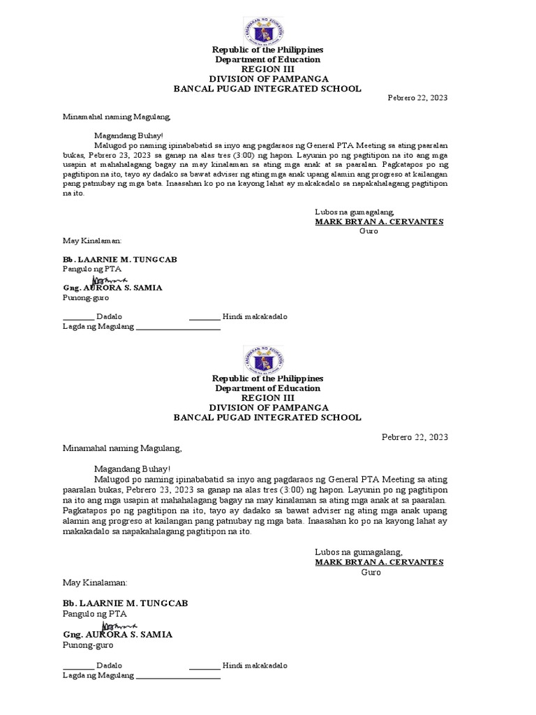 Invitation Letter PTA | PDF